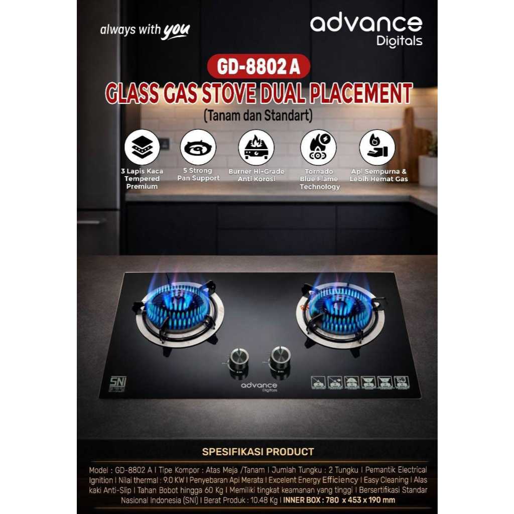 Jual KOMPOR GAS TANAM ADVANCE GD-8802A / GLASS GAS STOVE DUAL PLACEMENT ...