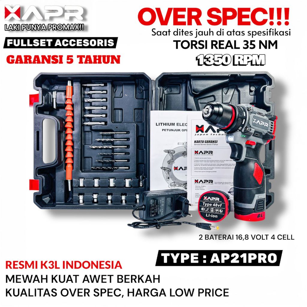 Jual APR Bor Cordless AP21PRO 10mm Brushless Mesin Bor Baterai Drill ...