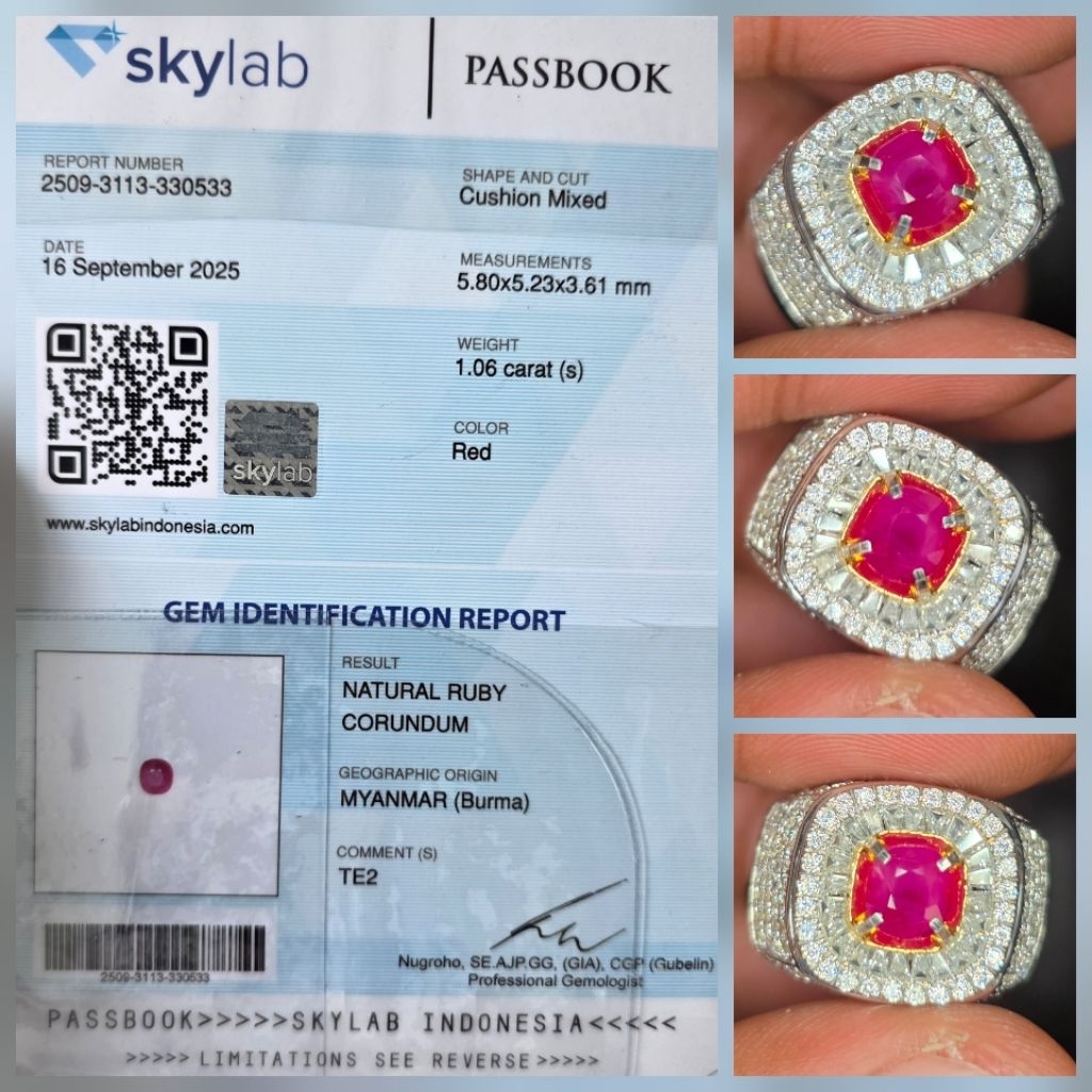Jual Batu Natural Red Ruby Burma Myanmar Sertifikat 1.06 crt | Shopee ...