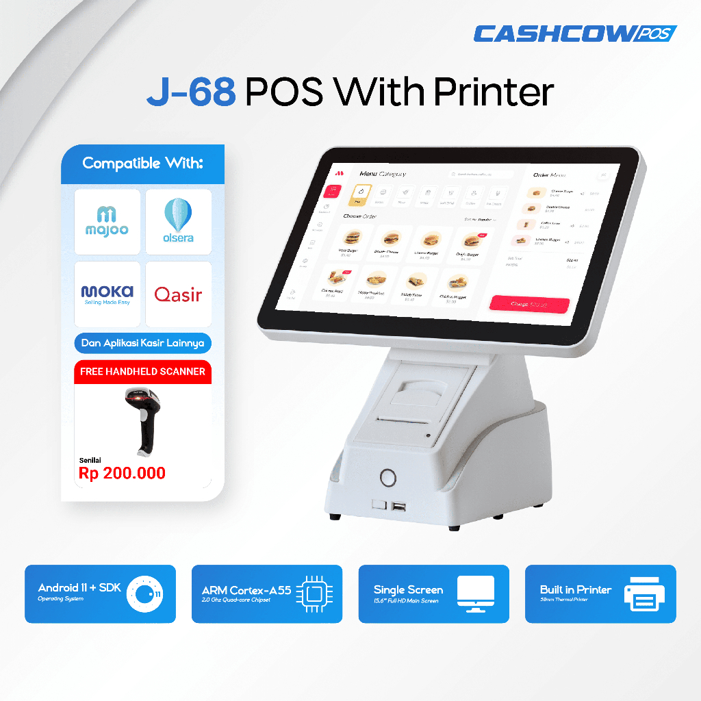 Jual Cashcow J‑68 POS with Printer – Mesin Kasir All‑in‑One Dual Screen ...