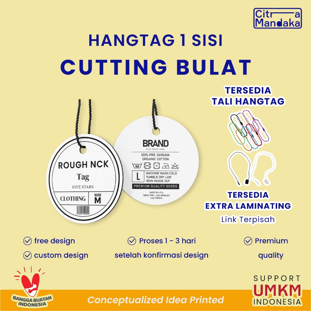 Jual Cetak Hang Tag 1 Sisi Custom Cutting Bulat Print Label Baju ...