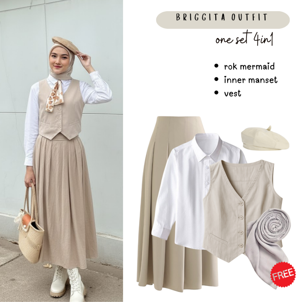 Jual One Set Outfit Korean Style | Kemeja Basic Putih, Vest Cream, Rok ...