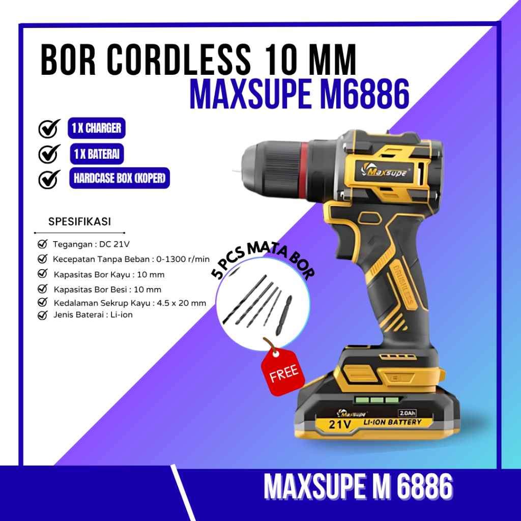 Jual Mesin Bor Baterai MAXSUPE 20v M 6886 10 mm Brushless Cordless ...