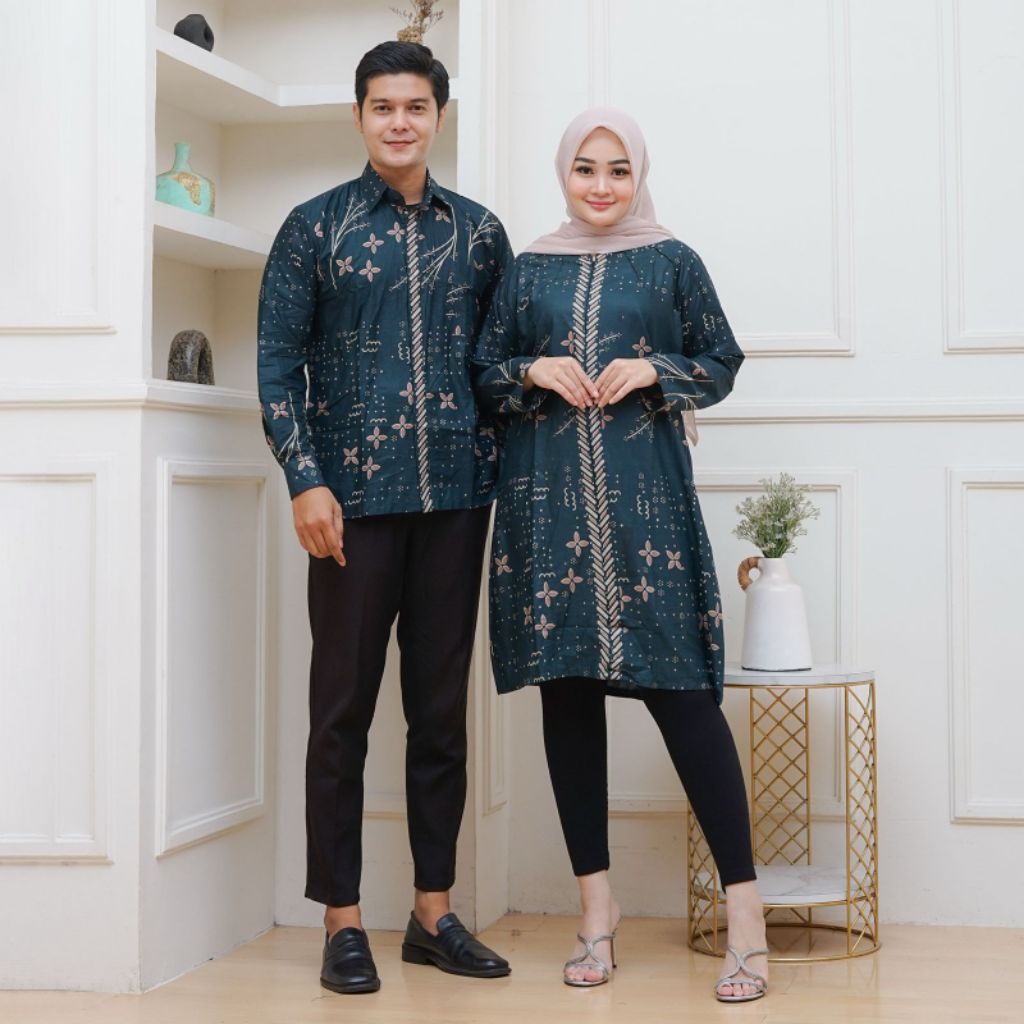 Jual batik couple modren tunik dan kemeja # biru emerald | Shopee Indonesia
