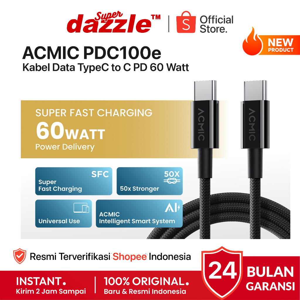Jual ACMIC PDC100E Kabel Data Type C to Type C 60W Fast Charging PD 1M ...