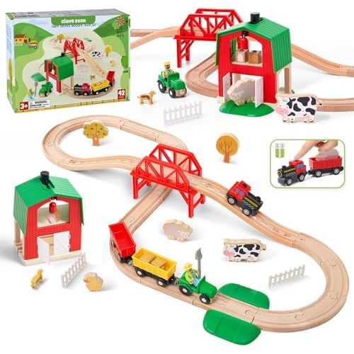 Jual Giant bean 42PCS Wooden Farm Train Set for Toddler, Battery ...