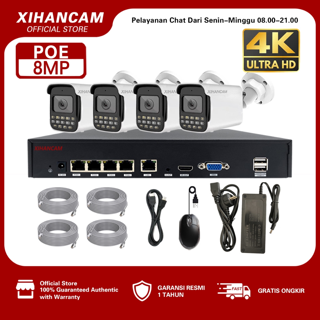 Jual XIHANCAM 8MP Paket CCTV POE 4 Channel 4 Kamera Kit 8MP NVR POE 4K ...