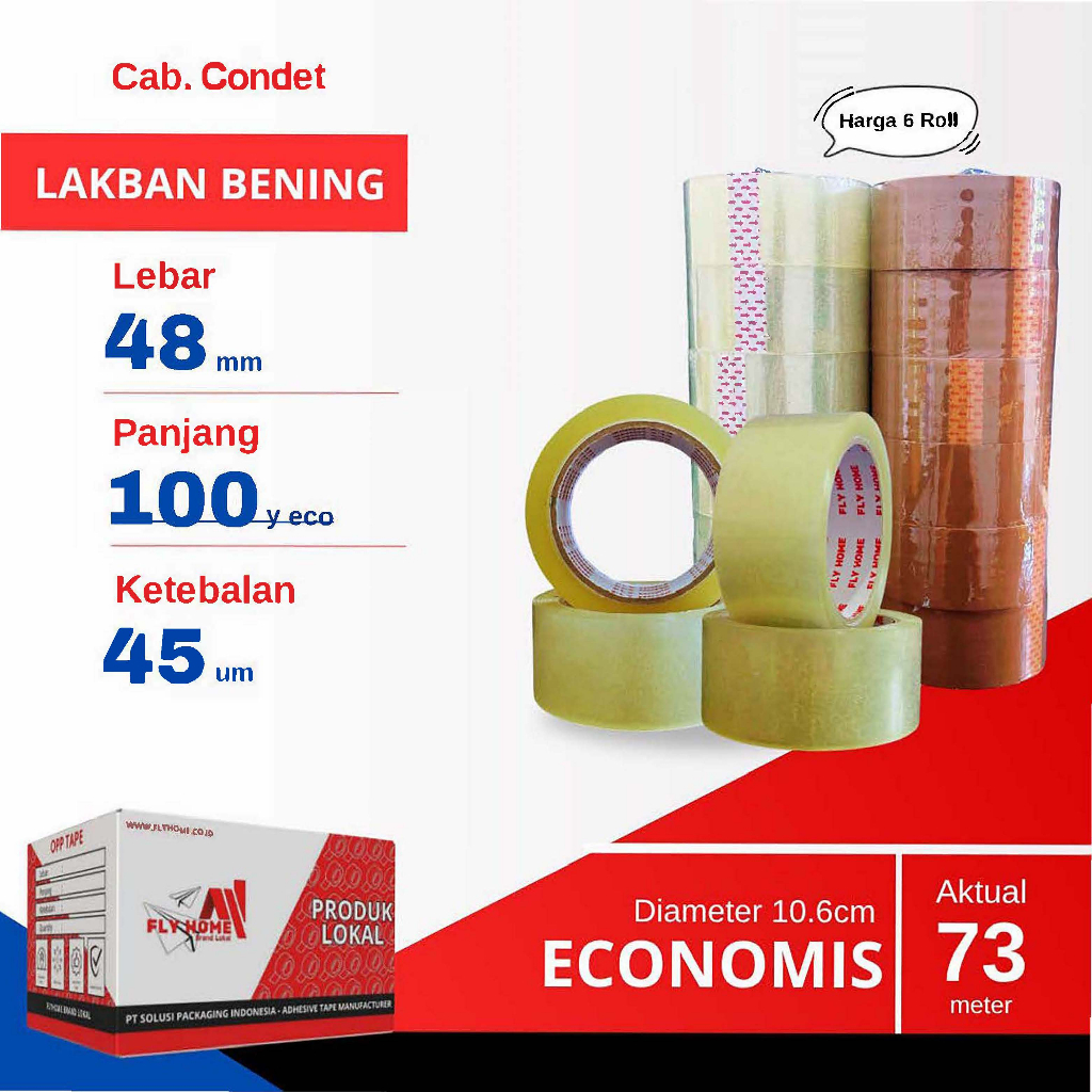 Jual FLYHOME 6Roll Lakban Bening 48x100Y 2inchi Solasi Uk Besar ECO 100 yard | Shopee Indonesia