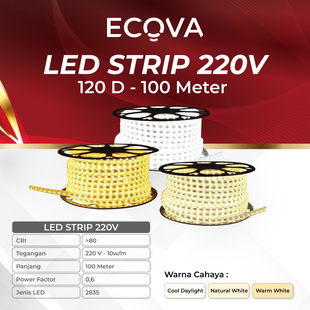 Jual ECOVA LED STRIP OUTDOOR 2835 - 220V - 100 meter / Roll | Shopee ...