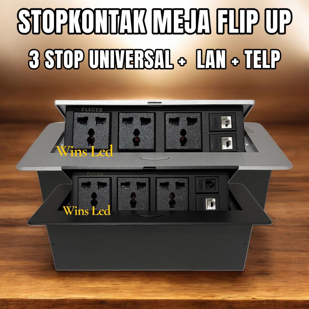Jual STOP KONTAK MEJA RAPAT FLIP UP 3 STOPKONTAK UNIVERSAL + LAN CAT6 ...