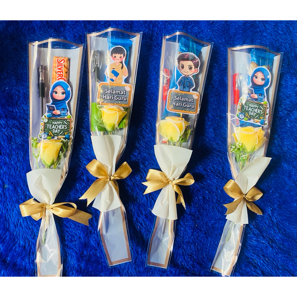 Jual Buket hari guru 1 tangkai mawar isi pulpen bunga silverqueen atau ...