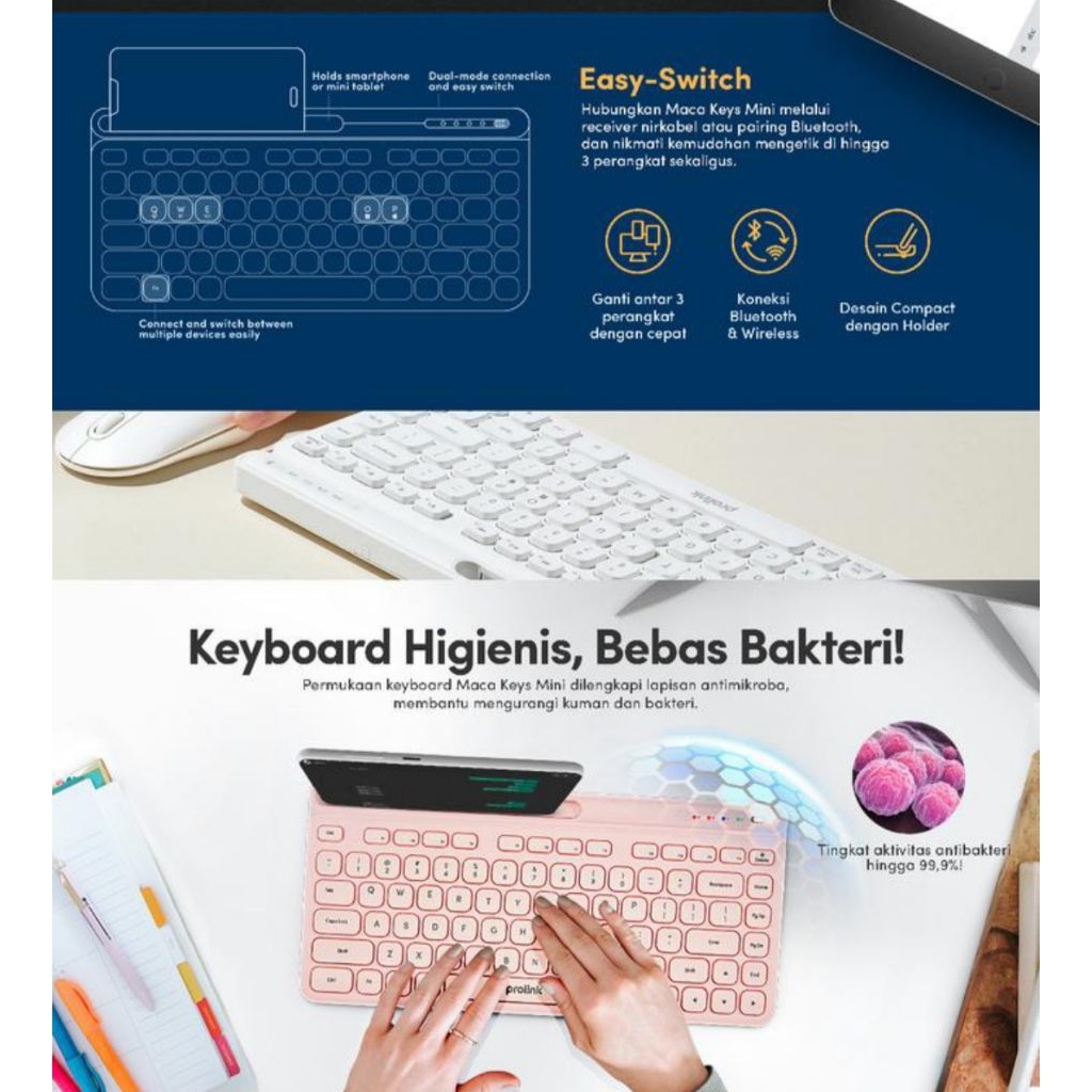 Jual Prolink Keyboard Wireless Bluetooth Multi Device Slim Anti ...