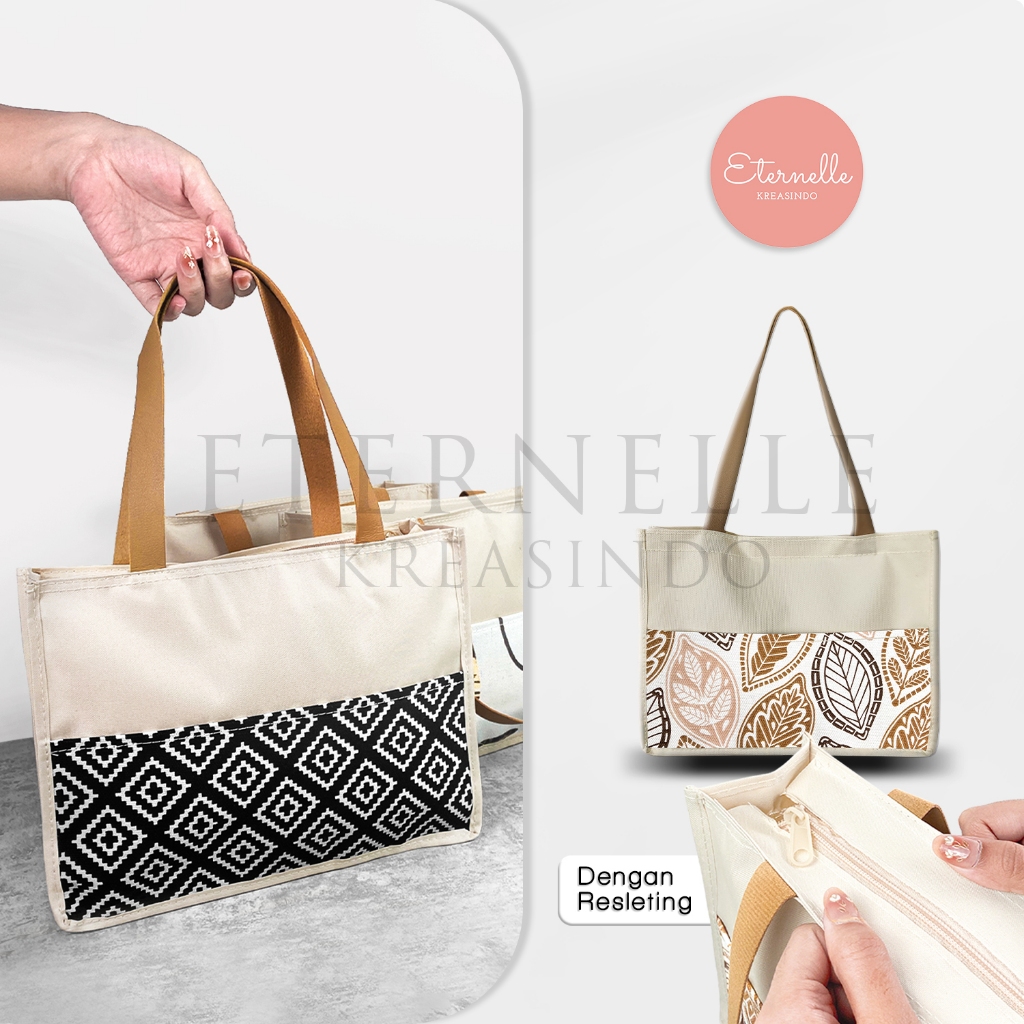 Jual [100% FOTO ASLI] TAS KANVAS KOMBINASI KOTAK DENGAN RESLETING / TAS ...