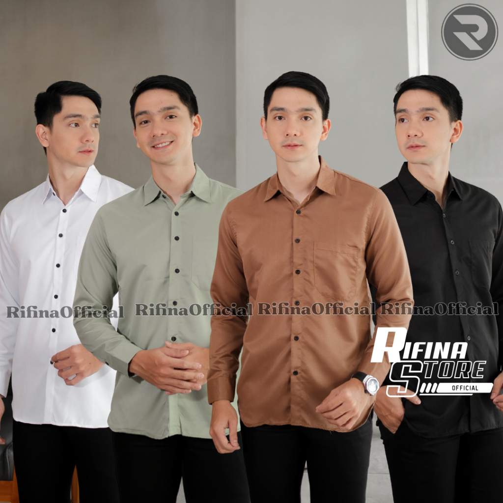 Jual Rifina Kemeja Pria Polos Hitam Putih Emerald Mahogani Lengan ...