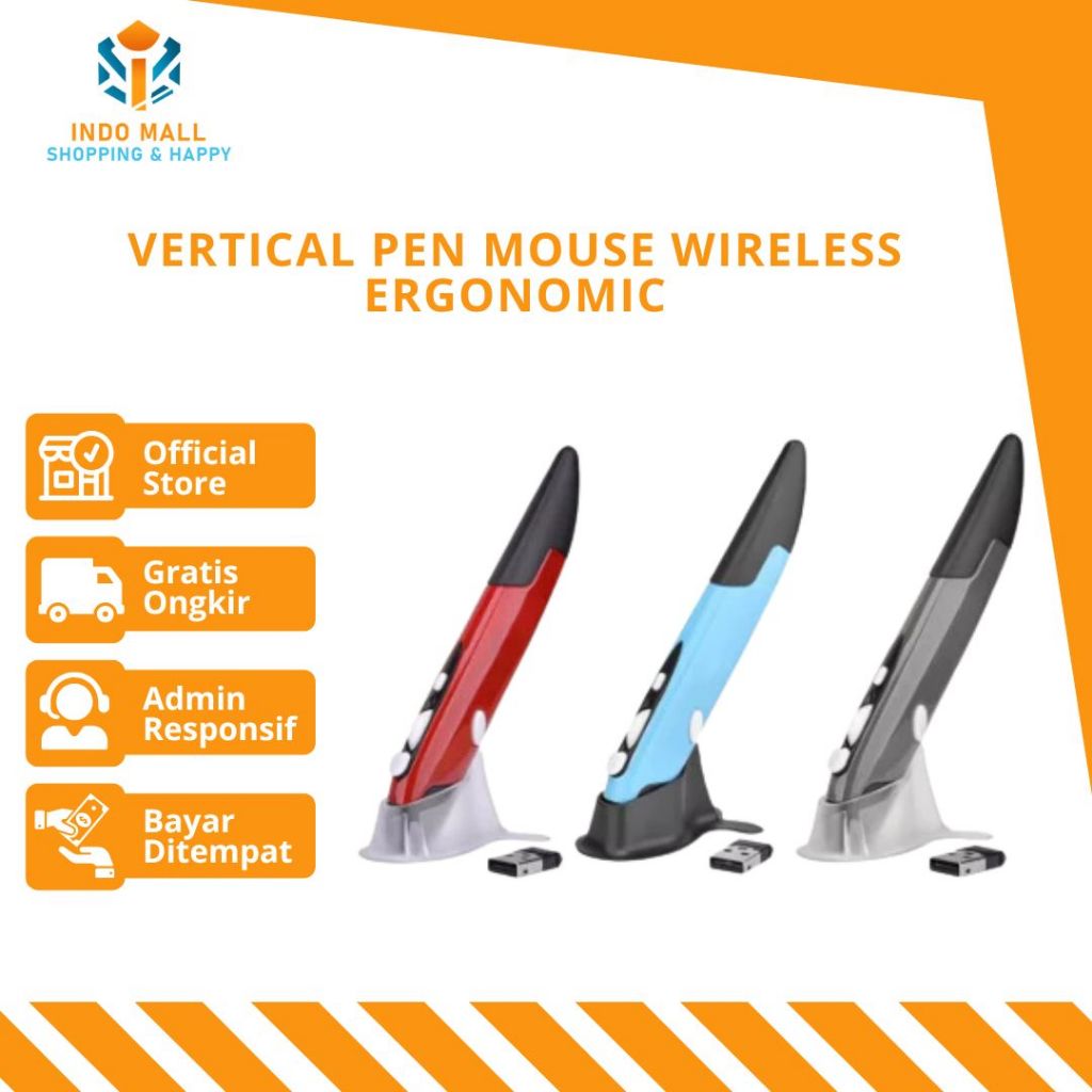 Jual Vertical Pen Mouse Wireless Ergonomic Grip 800 -1600 DPI ...