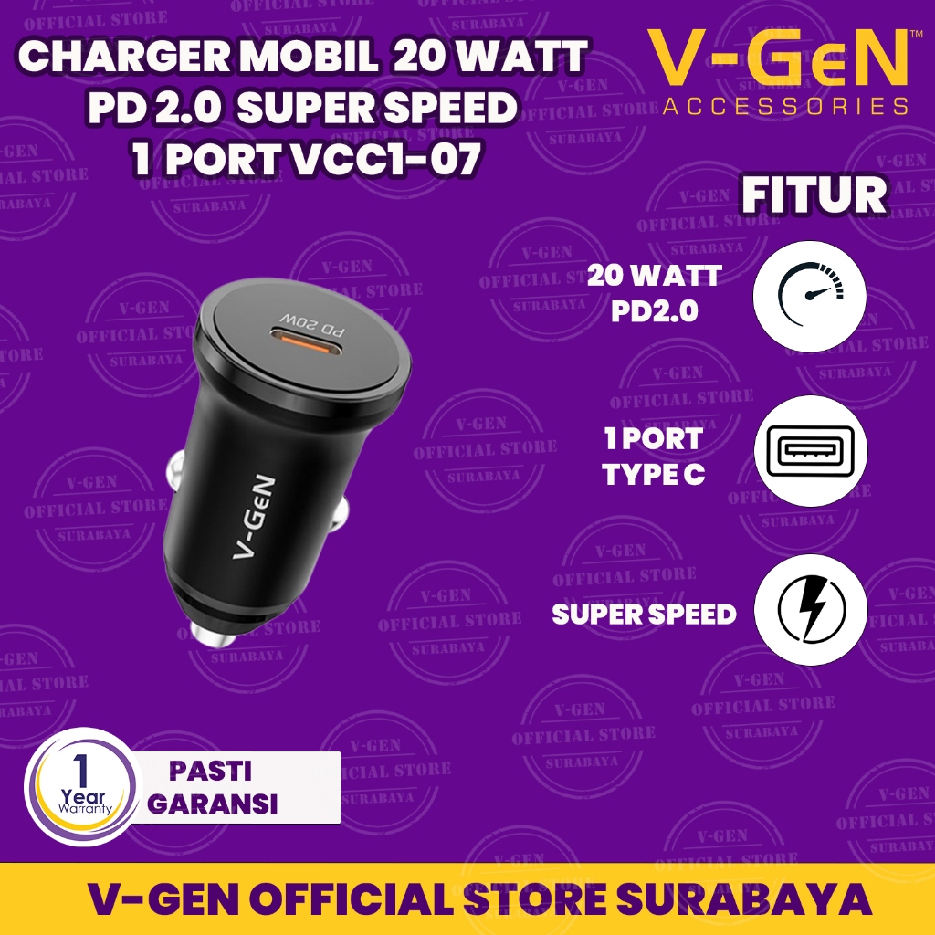 Jual Car Charger V-GeN VCC1-07 Fast Charging Type C PD3.0 20W Charger ...