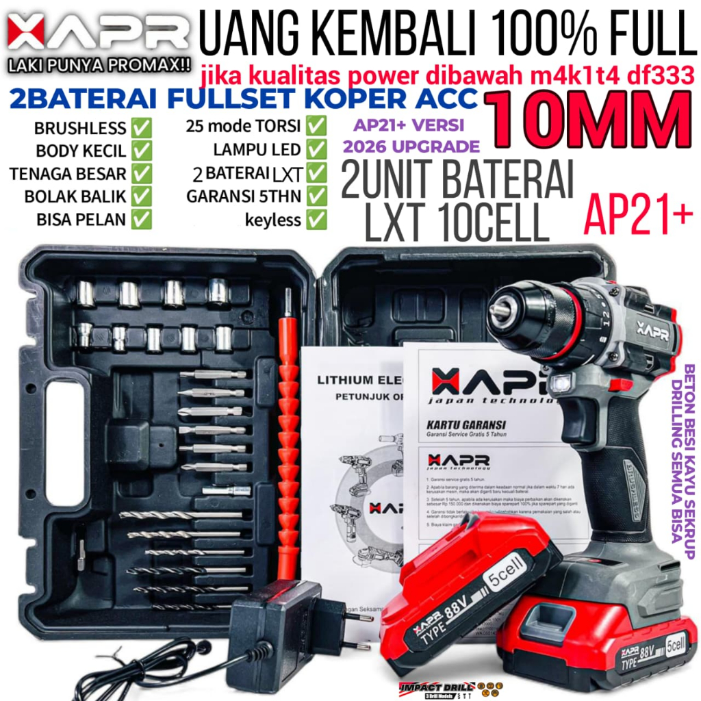 Jual APR RAJA BOR BRUSHLES 10MM KEYLESS AUTO LOCK 2BATERAI MESIN BOR ...