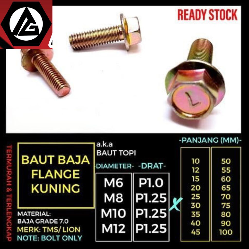 Jual Baut Flange M10x35 Kuning / Flange Bolt M10 x 35 - P1.25 / Baut ...