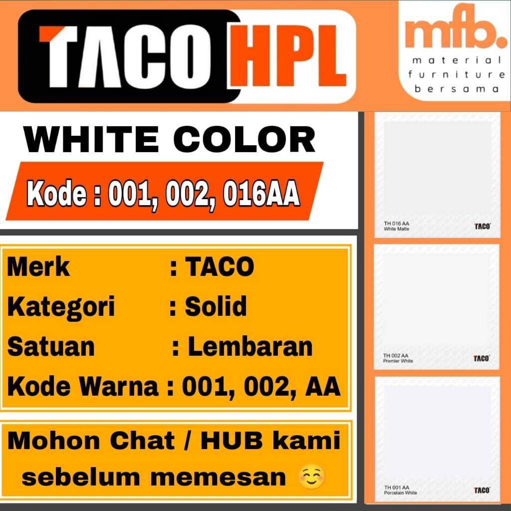 Jual HPL Taco Putih Polos TH 001 AA / TH 002 AA / TH 016 AA – Warna ...