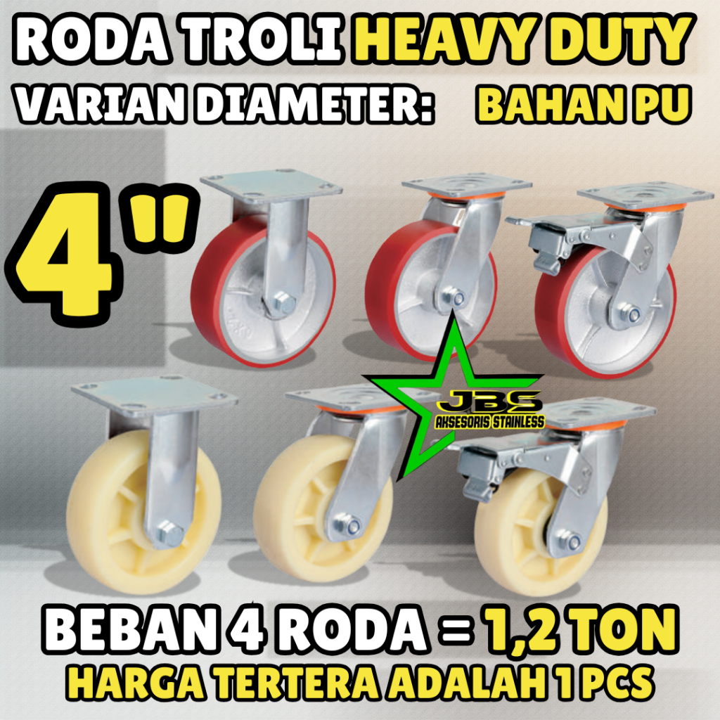 Jual RODA HEAVY DUTY 4" INCH CASTER CASTOR PU (MERAH) & PP (PUTIH ...