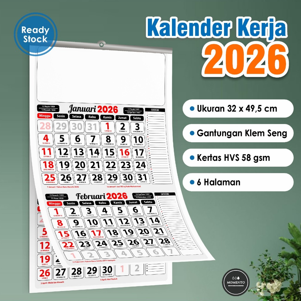 Jual Kalender Kerja Dinding 2026 Besar 2 Model Ukuran 32 x 49,5 cm Plus ...