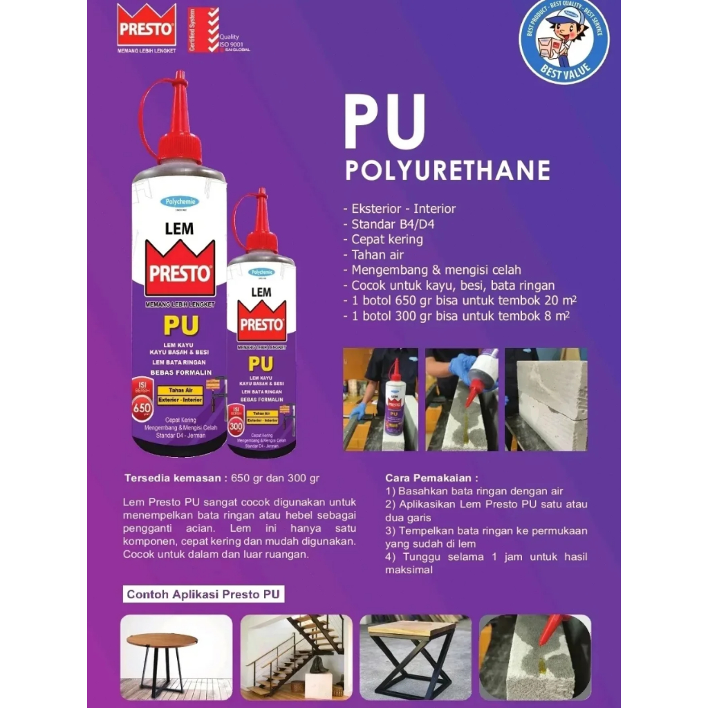 Jual Lem Kayu Besi Presto PU 650 Gram - Kering Cepat, Kuat, Cocok untuk ...