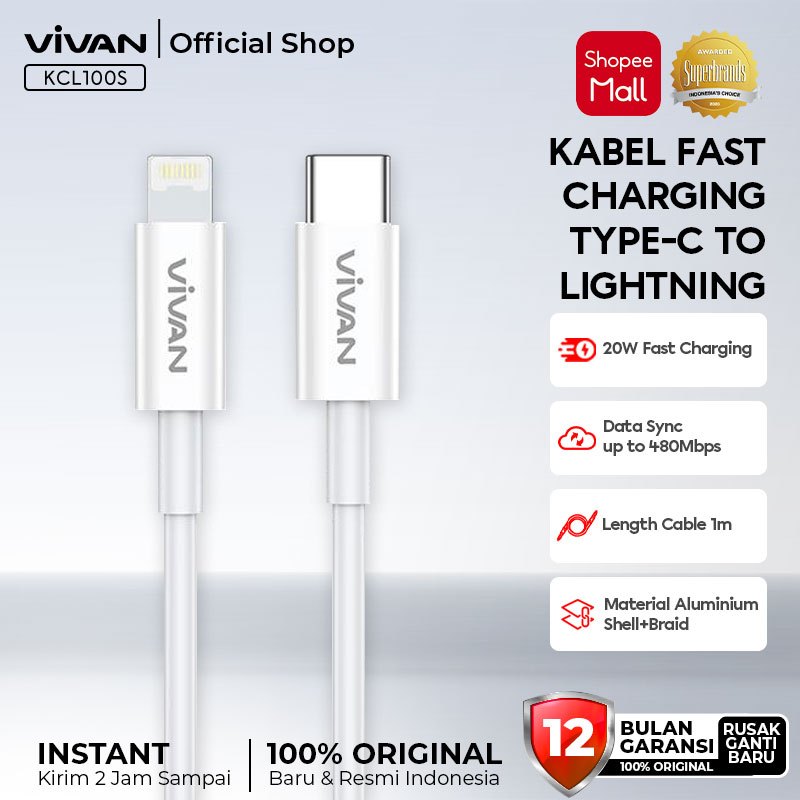 Jual VIVAN Kabel Data Type C to Lightning KCL100S For iPhone 20W Fast ...