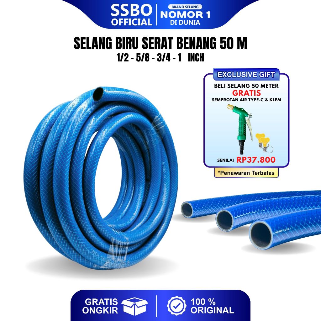 Jual SSBO Selang Air Biru Anti Lumut 1/2 5/8 3/4 1 Inch 50 Meter Selang ...