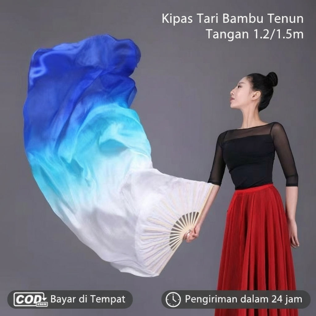 Jual Kipas Tangan Bambu Sutra Cina 1.2M/1.5M Fleksibel Menari 3 Warna ...