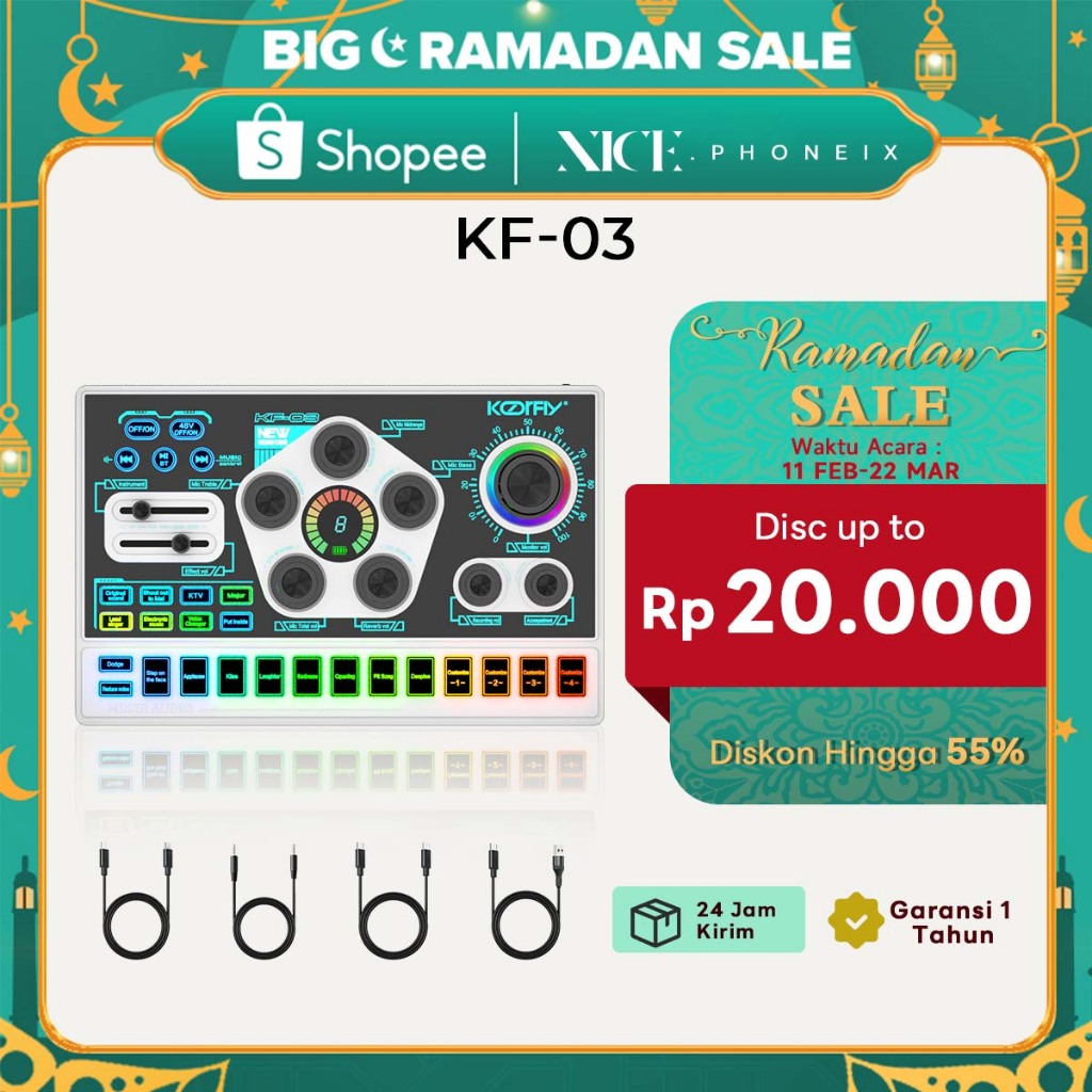 Jual KOORFLY KF03 Terbaru RGB Live Soundcard 48V Recording Live Mixer ...