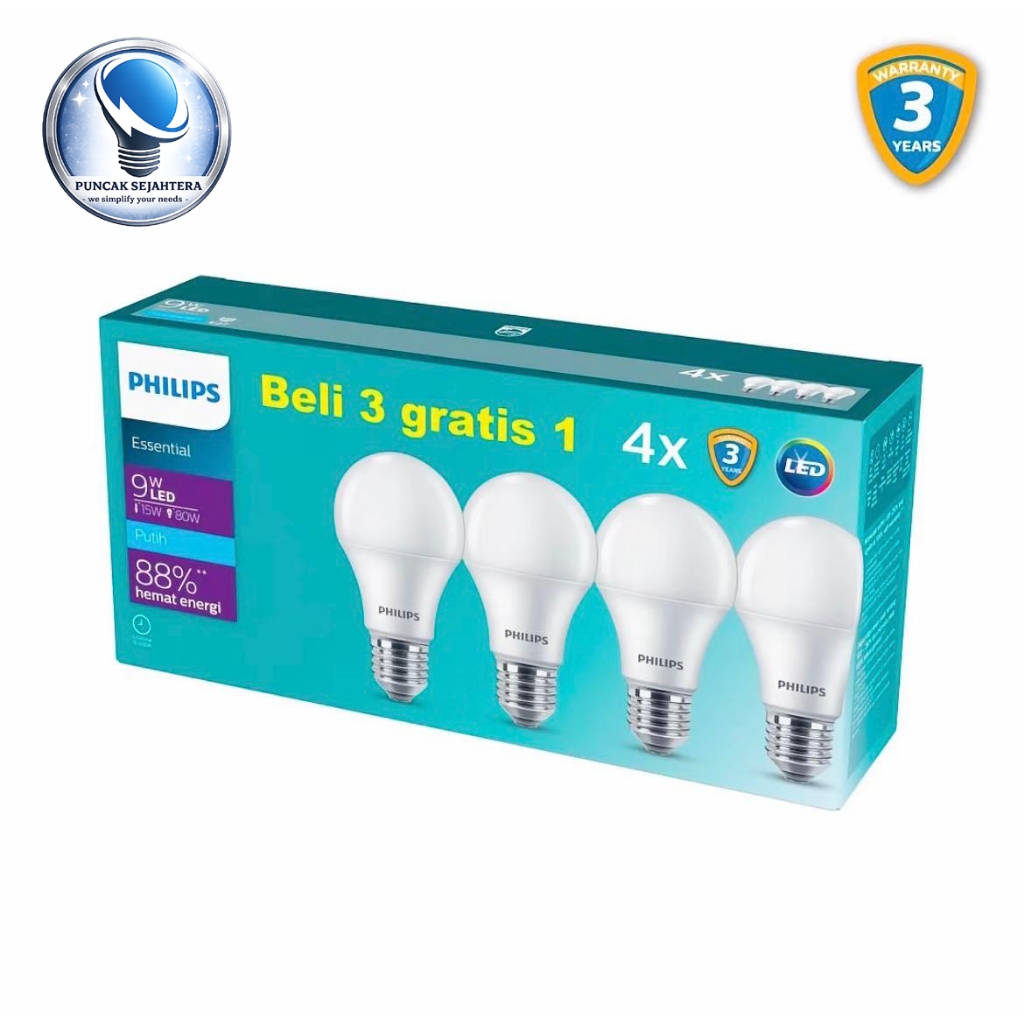 Jual Lampu LED Philips 9w 9 watt Essential Multipack 3 gratis 1 (ISI 4 ...