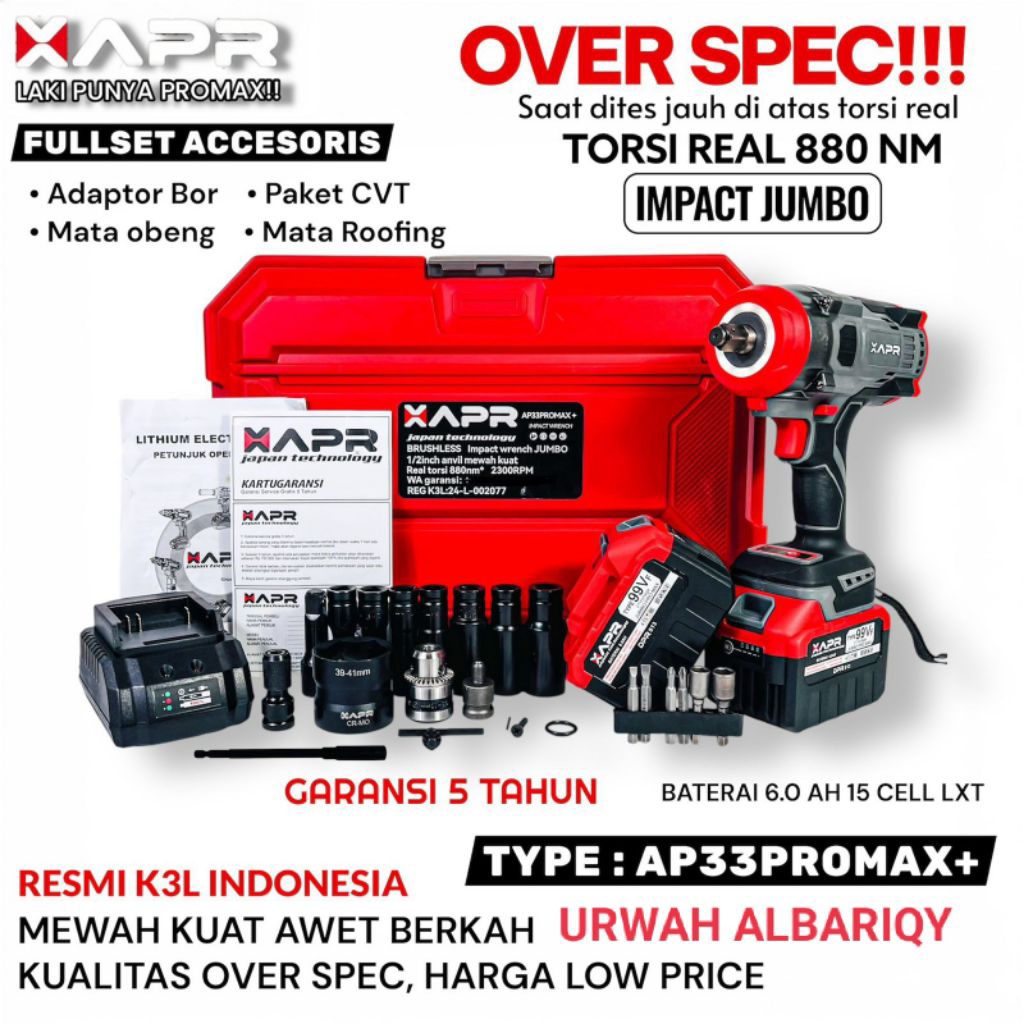 Jual RAJA impact wrench APR jumbo AP33promax+ 880nm 1/2inch 2baterai ...