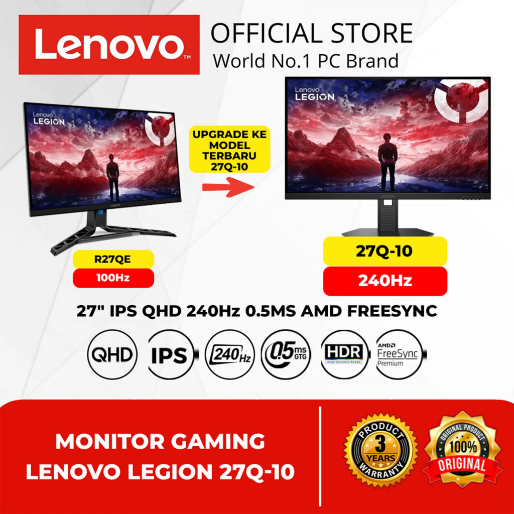 Jual MONITOR GAMING LENOVO LEGION 27Q-10 27" IPS 2K QHD 240HZ 0.5MS AMD ...