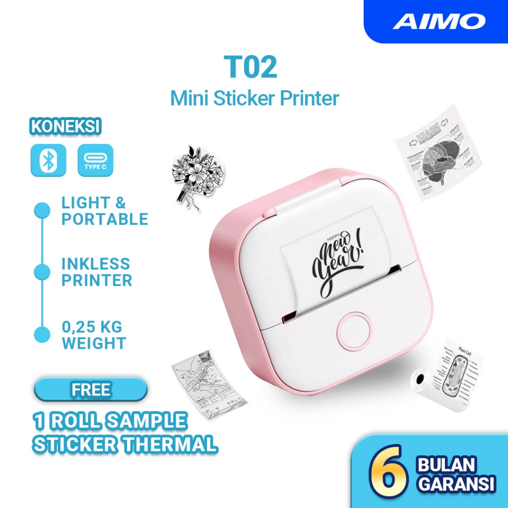 Jual AIMO T02 Mini Stiker Thermal Printer Bluetooth Label Maker Cetak ...