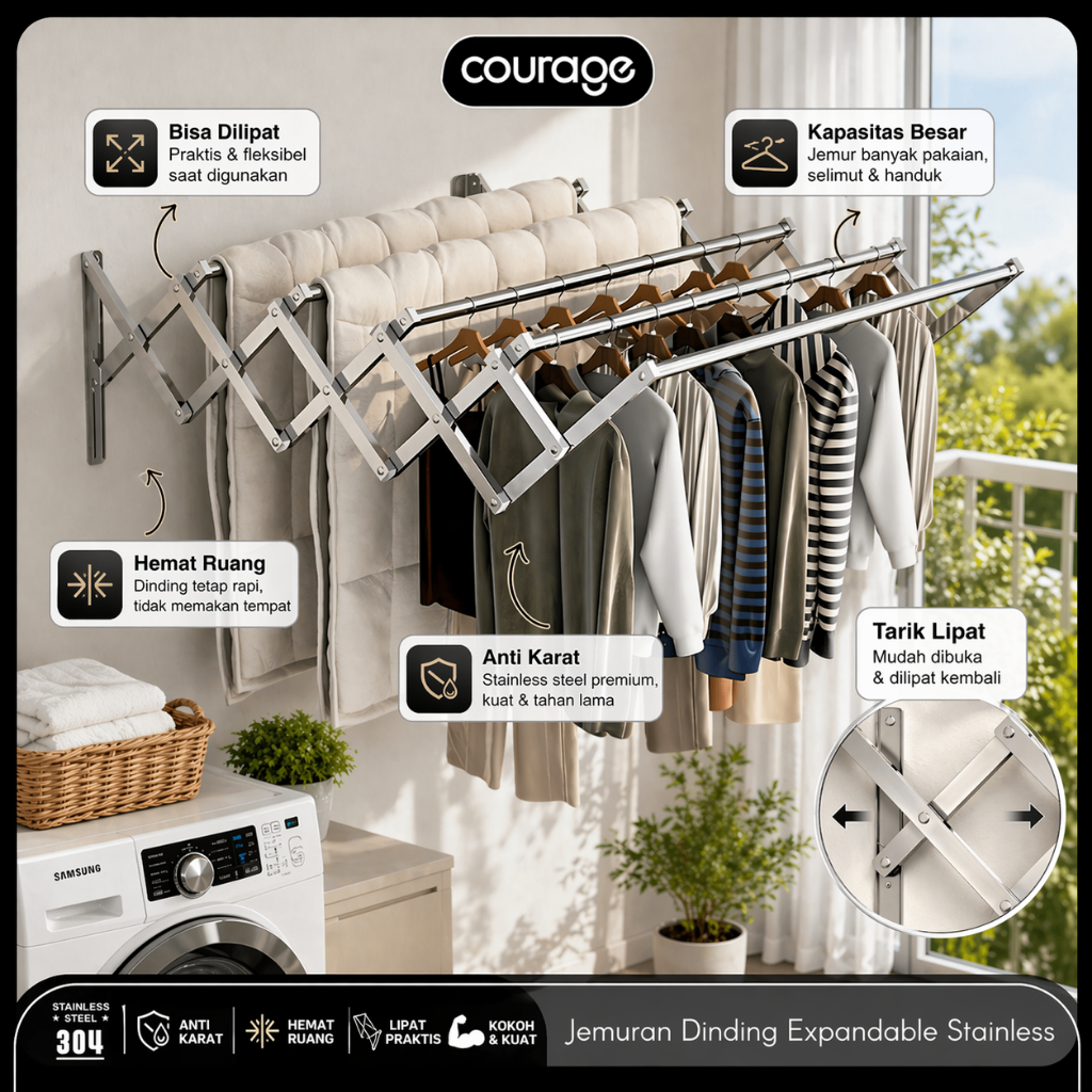 Jual COURAGE Jemuran Baju Fleksibel Tempel Dinding Lipat Tarik - Hanger ...