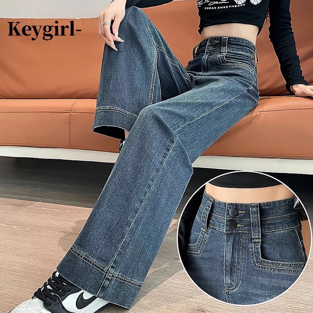 Jual [ Keygirl ]Celana Jeans Wanita Wide Leg Double Button – High Waist ...