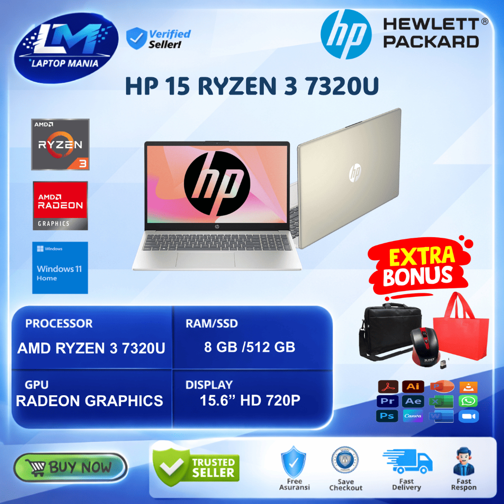 Jual LAPTOP KANTOR HP 15 AMD RYZEN 3 7320U 8GB DDR5 512GB 15.6 ...