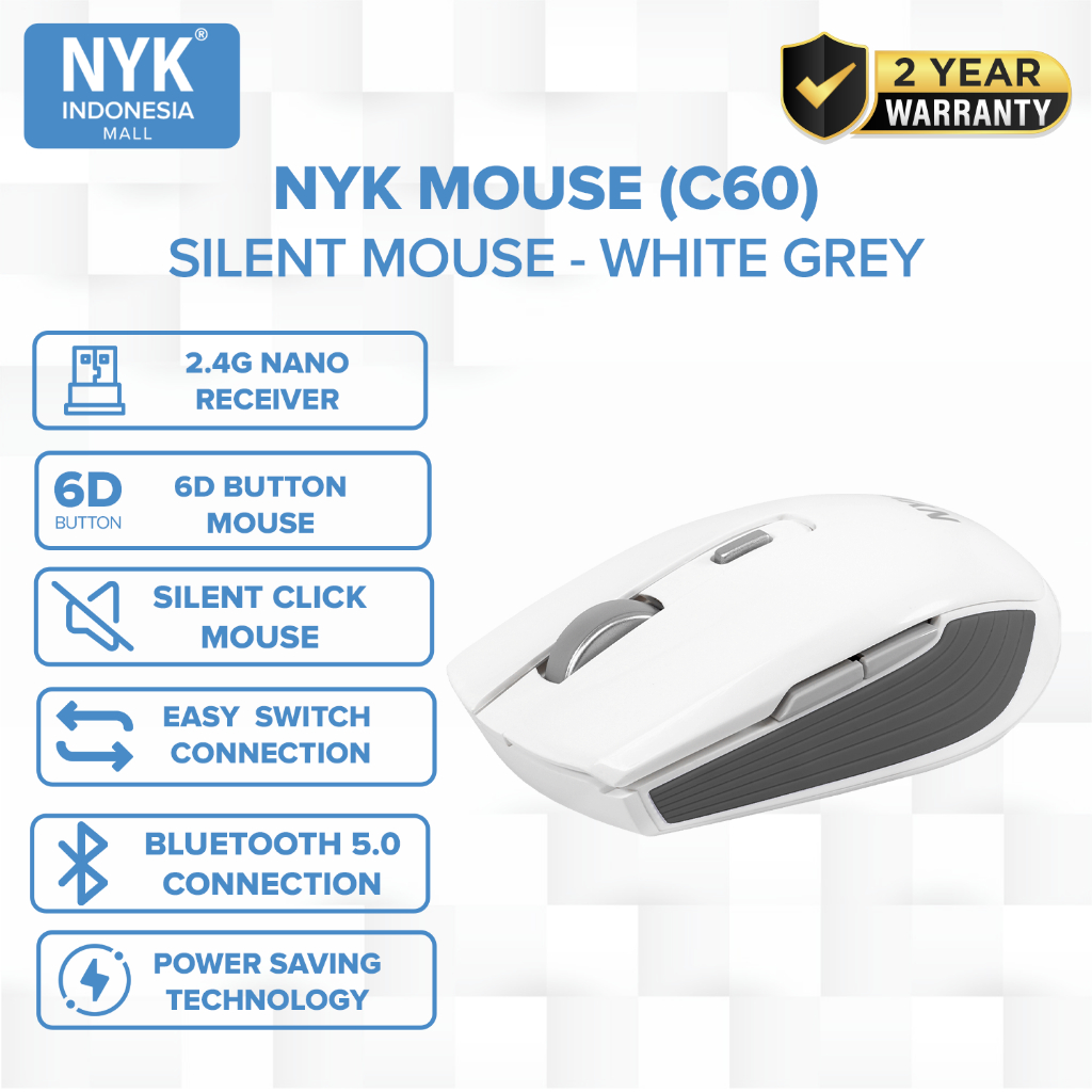 Jual NYK Mouse C60 Bluetooth Wireless Dual Mode WHITE GREY COD | Shopee ...