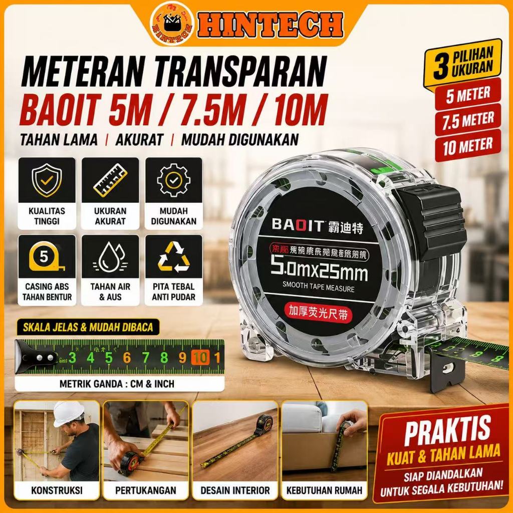 Jual Meteran Transparan 5M 7.5M 10M Skala Fluoresensi CM & Inch Anti ...