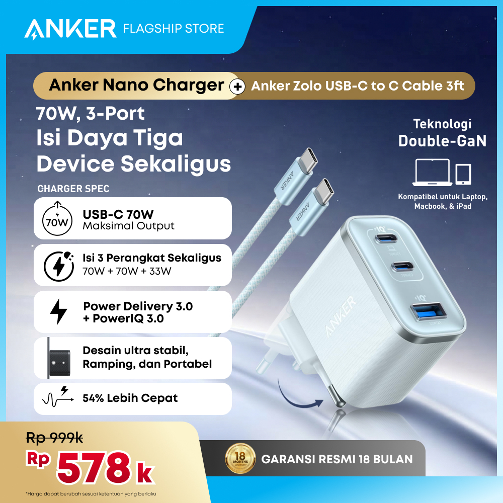 Jual Anker Nano Charger Ultra-Fast 70W Output 3-Port USB C Charger ...