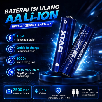 Jual XTAR Baterai Isi Ulang AA Recharge Li-Ion Button Top 2500mAh 1.5V ...