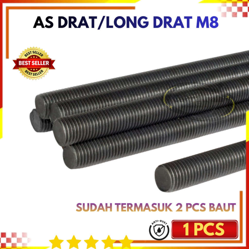 Jual As Drat Besi 1 Meter M8, Longdrat/Terot + Baut 8mm | Shopee Indonesia
