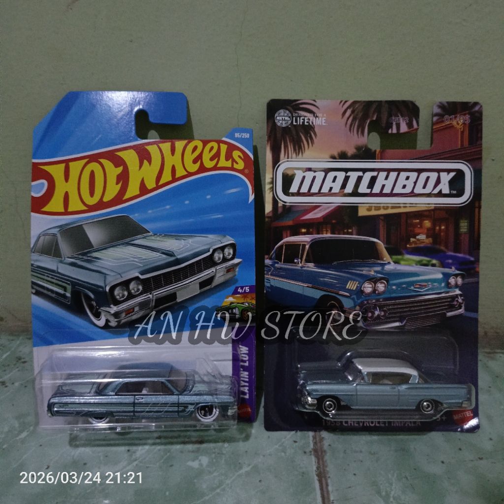 Jual Hot Wheels 64 Impala Biru Cerah Rilisan Tahun 2026 dan Matchbox 58 ...