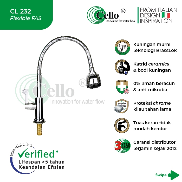 Jual [Cello CL-232-FLX-FAS] Keran Tanam Dapur Flexibel Kuningan | Kran ...