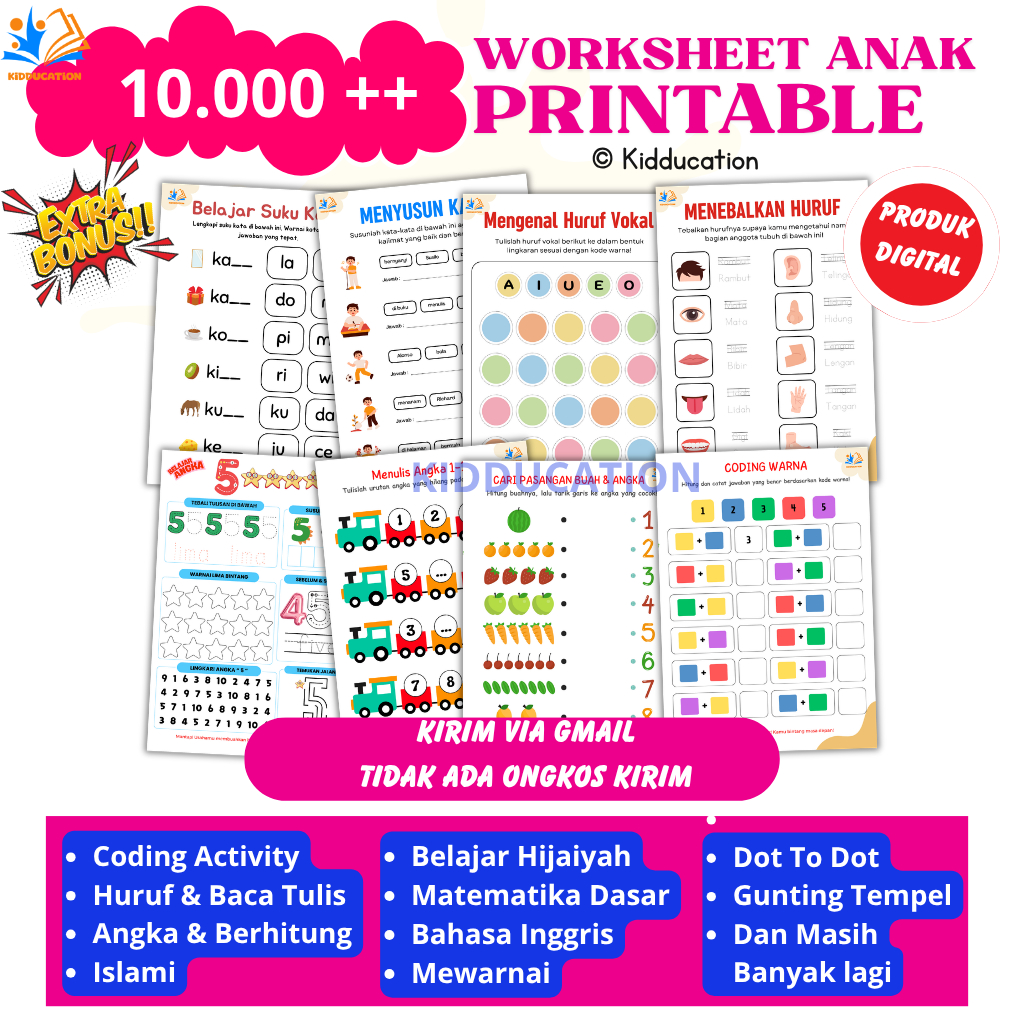 Jual 10.000++ Lembar Worksheet Anak Printable PDF PAUD PG TK SD ...
