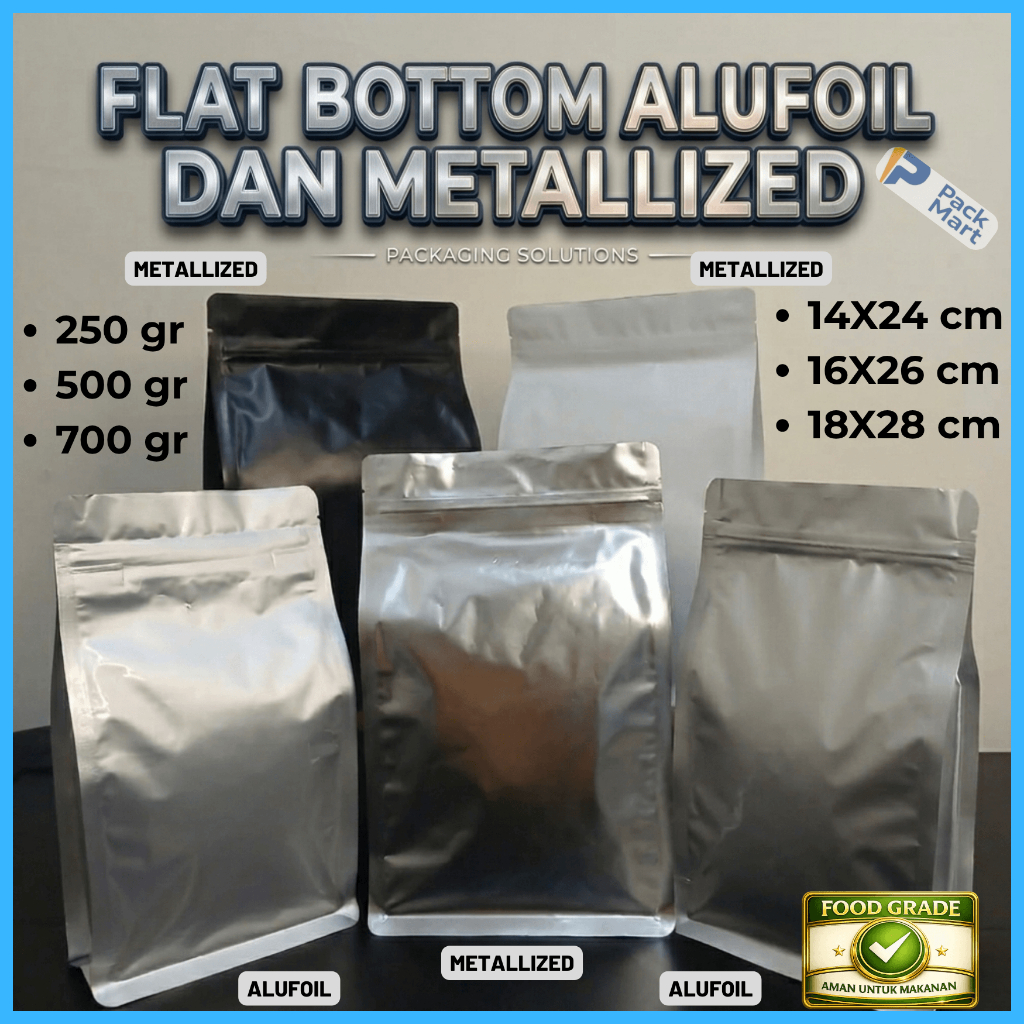 Jual Standing Pouch Flat Bottom ALUFOIL dan METALLIZED Warna + Ziplock ...