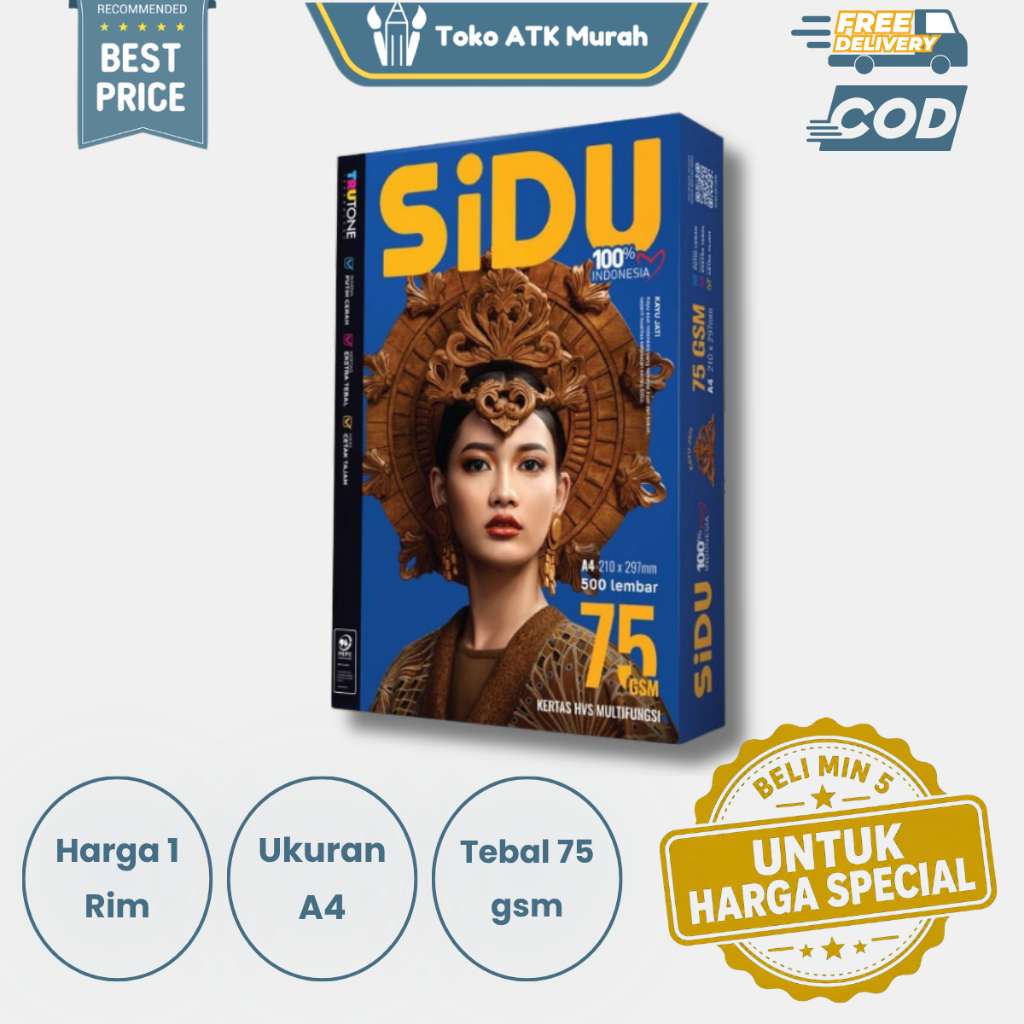 Jual Kertas HVS Sidu A4 75 Gram Sinar Dunia ( 1 Rim 500 Lembar ) Cocok ...