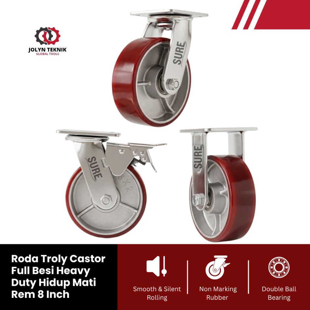 Jual RODA TROLY ROLY KASTOR HEAVY DUTY FULL BESI 8 INCH HIDUP MATI REM ...