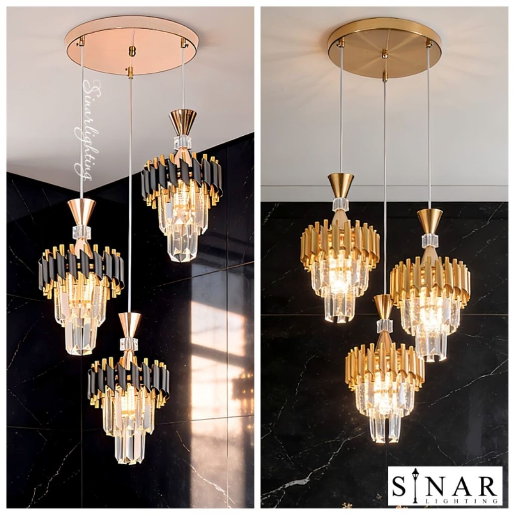 Jual Lampu gantung Kristal turun 3 Body Gold/Black HF01 | Shopee Indonesia