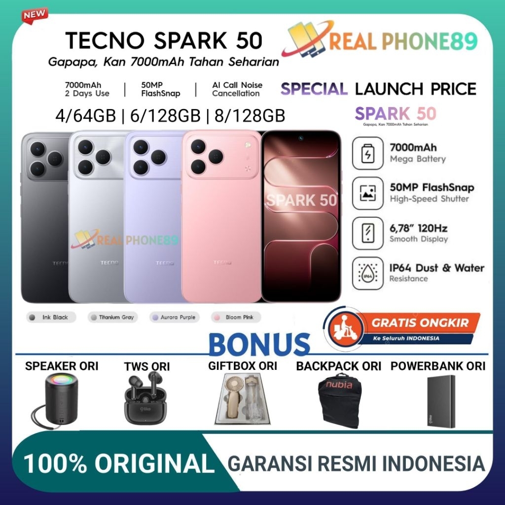 Jual Tecno Spark 50 (4GB+128 | 6GB+128 | 8GB+128GB) 7000mAh Mega ...